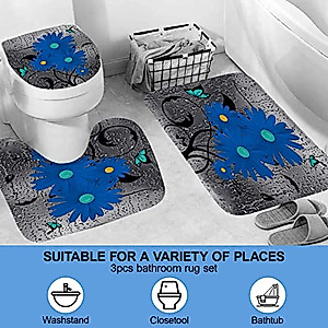 ALEXEX 4Pcs Blue Daisy Shower Curtain Sets with Non-Slip Rugs, Toilet Lid Cover and Bath Mat, Floral Butterfly Bathroom Decor Set Accessories Waterproof Shower Curtains with 12 Hooks, 72 x 72 Inch