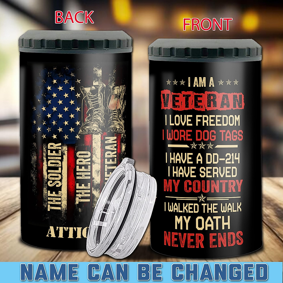 Personalized Veteran Can Cooler 4 in 1 Holder Cup with Lids Customized Name 16oz Beer Drinking Gifts for Men Navy Army Air Force Marine Corps Military Retirement Veterans Day