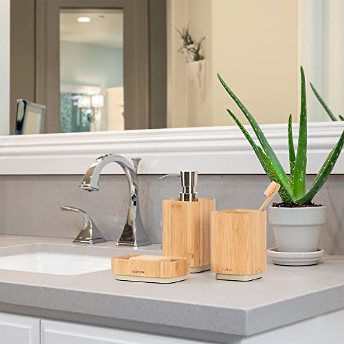 Bamboo Bathroom Accessories Set, Bamboo Wood Bathroom Accessories Include Bamboo Soap Dispenser, Tumbler, Soap Dish, with Concrete Base