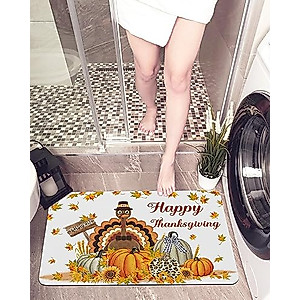 KITHOME Bath Mat for Bathroom Non Slip Thanksgiving Farm Turkey Pumpkin Sunflowers Diatomaceous Earth Bath Mats Highly Absorbent Door Mat Diatom Mud Washable Bathroom Mat for Tub Shower 16x24 Inch