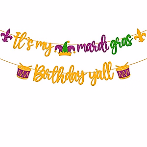 It’s My Mardi Gras Birthday Y’all Banner Carnival Fleur De Lis Shrove Fat Tuesday New Orleans Masquerade Theme Mardi Gras Party Glitter Decoration