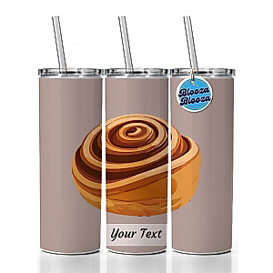 Personalized Custom Name Text Cinnamon Roll Bun Skinny Tumbler 20oz with Straw Insulated Water Bottle Gift - 1 Line Horizontal