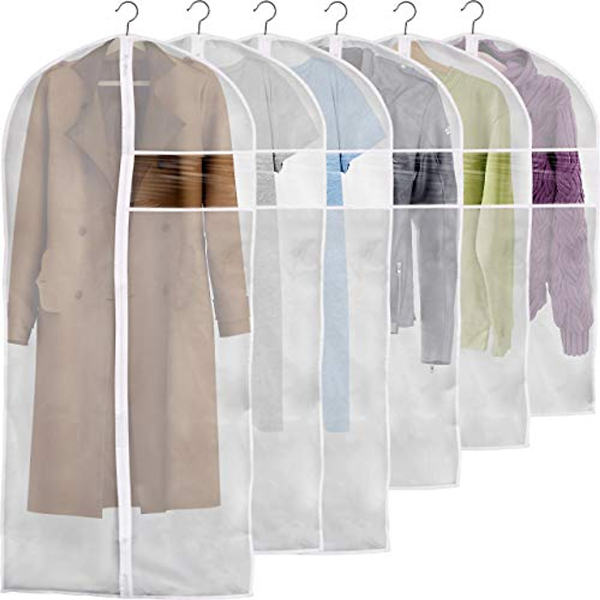KUVR Clear Plastic Garment Bags for Hanging Clothes, Dress Bag Suit Bags for Closet Storage, Zippered Clothes Cover, Hanging Garment Bags Dance Costumes Clothing Protector - 43"(4 pc) 55"(2 pc) 6 pack
