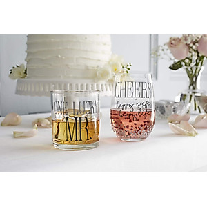 Enesco Our Name is Mud Cheers Wife Happy Life Glittered Stemless Wine Glass, 15 Ounce, Clear