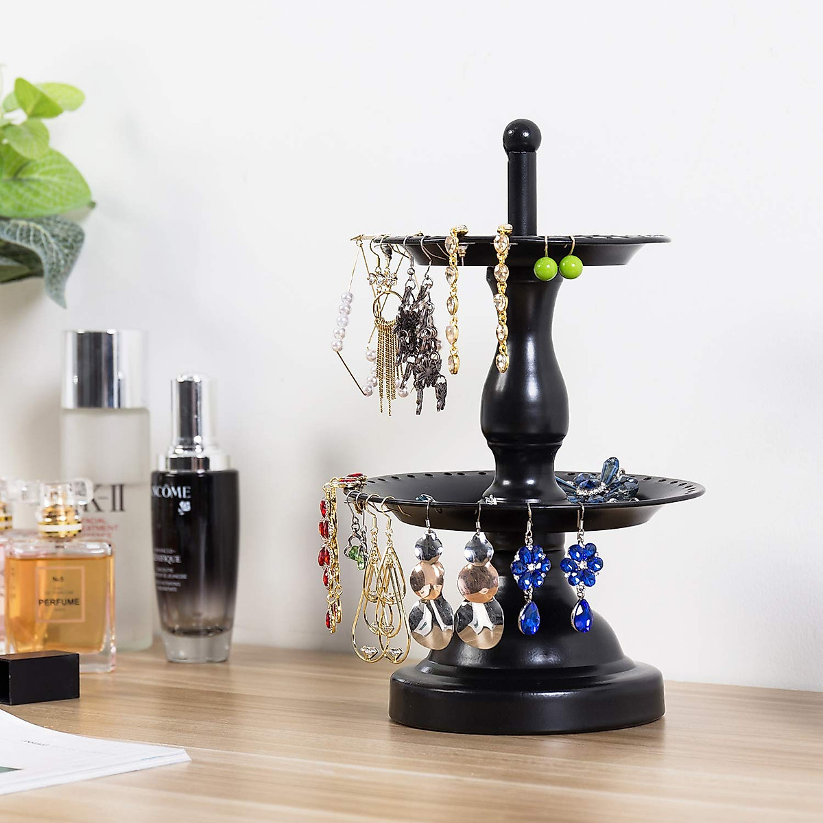 MyGift 2-Tier Black Metal Jewelry Organizer Stand, Fountain Design Hanging Earring Holder with 40 Holes and Ring Dish (Black-2-Tier)