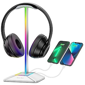New bee RGB Headphone Stand with 1 USB-C Charging Port and 1 USB Charging Port, Desk Gaming Headset Stand with 7 Light Modes and Non-Slip Rubber Base Suitable for All Earphone Accessories (Silver)