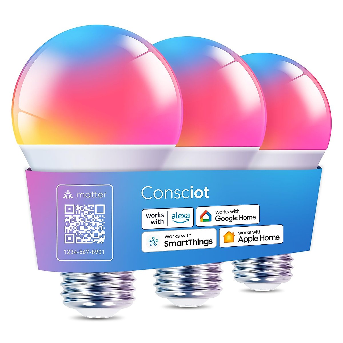 Consciot Smart Light Bulbs, WiFi Bluetooth Color Changing LED Light Bulb, Music Sync, 60W Equivalent Smart Bulb, A19 E26 RGBTW Light Bulbs That Works with Alexa/Google Home/Apple Home/Siri, 3 Pack