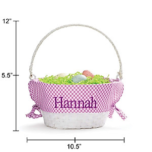 Personalized Easter Egg Basket with Handle and Custom Name | Purple Gingham Easter Basket Liners | White Basket | Woven Easter Baskets for Kids and Adults | Customized Easter Basket | Gift for Easter