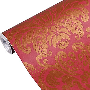 Yifely Red Golden Damask Self-Adhesive Shelf Drawer Liner PVC Furniture Paper 45x300cm
