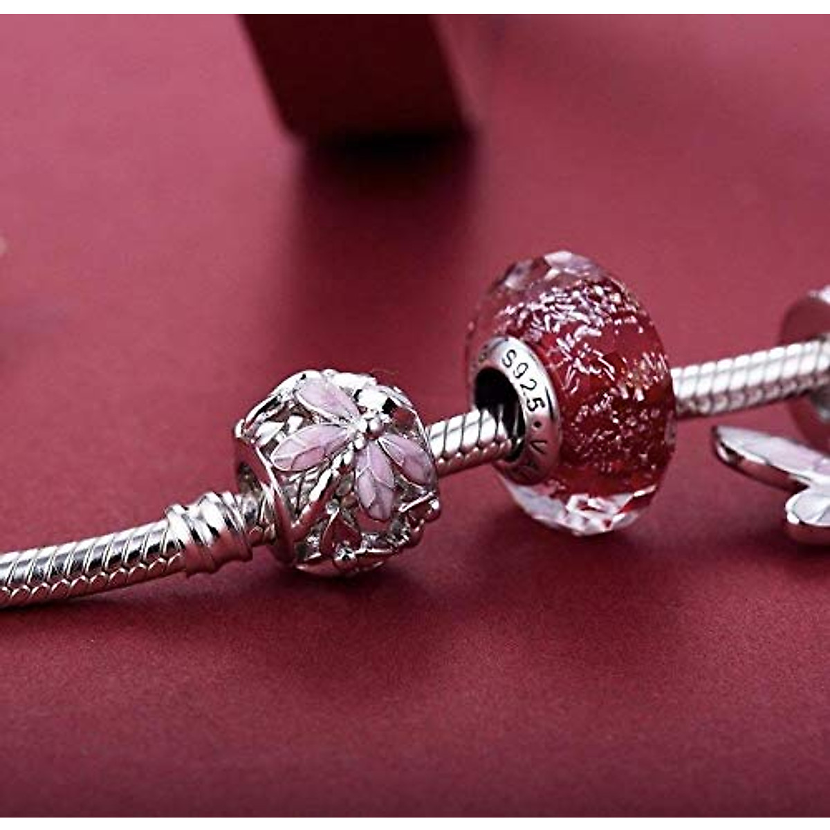 Bolenvi Pink Dragonfly Dragon Fly Ball 925 Sterling Silver Charm Bead for Pandora & Similar Charm Bracelets or Necklaces