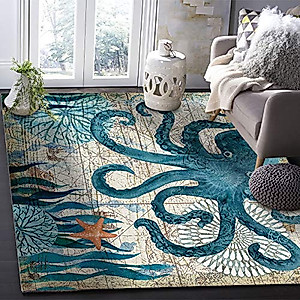 Area Rug 4x6ft Rugs for Living Room, Non-Slip Stain-Proof Carpet for Bedroom Decor, Seagrass Sea Animal Octopus of Undersea World Area Rugs for Hallways Kids Room Nursery Dining Room