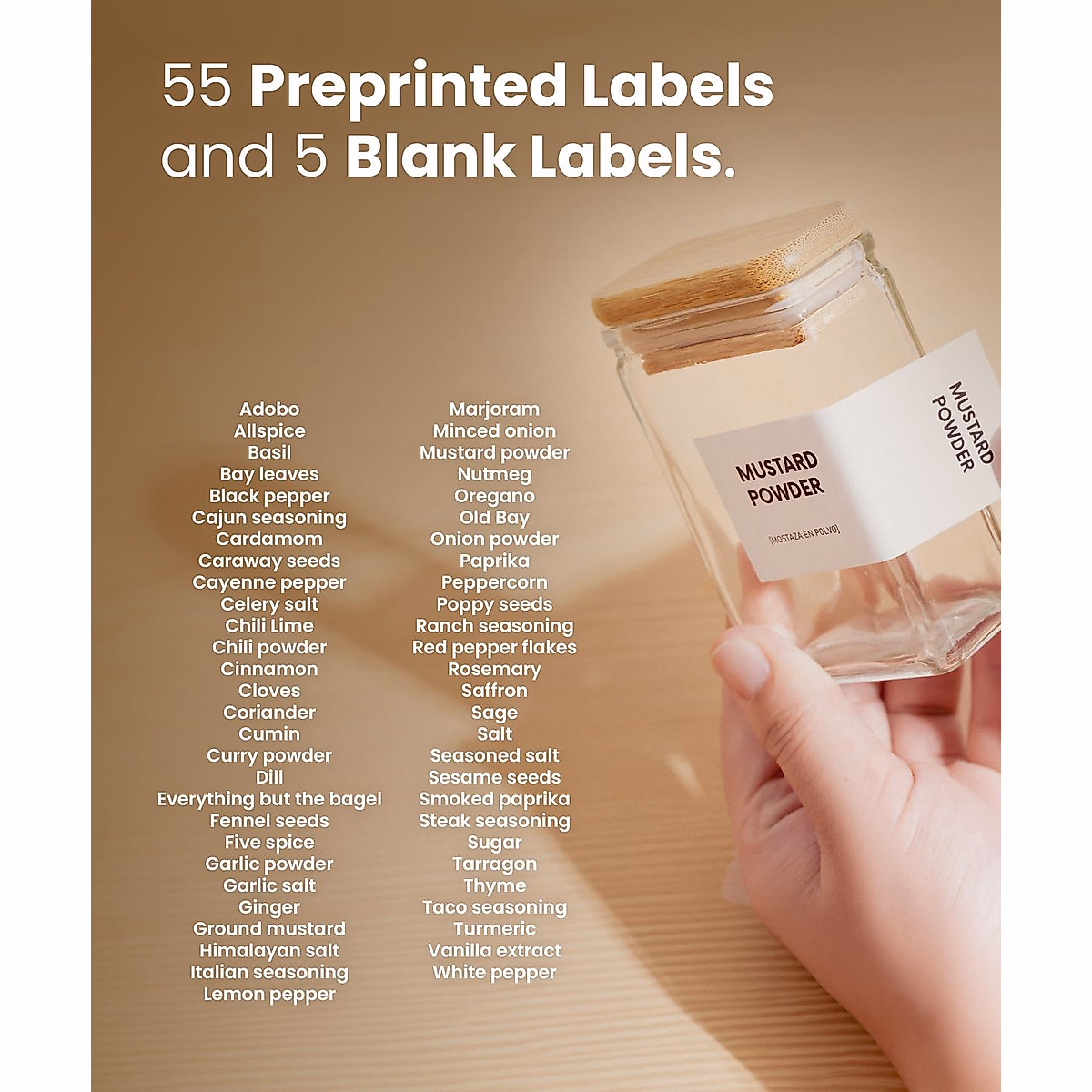 Glass Spice Jars with Labels - 4oz Glass Jars with Bamboo Lids, Square Spice Jars with Labels, Empty Spice Bottles for Seasoning Organizer, Spice Drawer Organizer and Kitchen Storage, 12 Pack, White