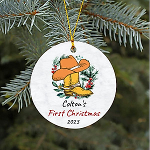 MeMate Personalized Babys First Christmas 2023 Ceramic Ornament, Western Baby's 1st Christmas Ornaments Keepsake, Cowboy Baby Name Ornaments, Christmas Decoration for Newborn