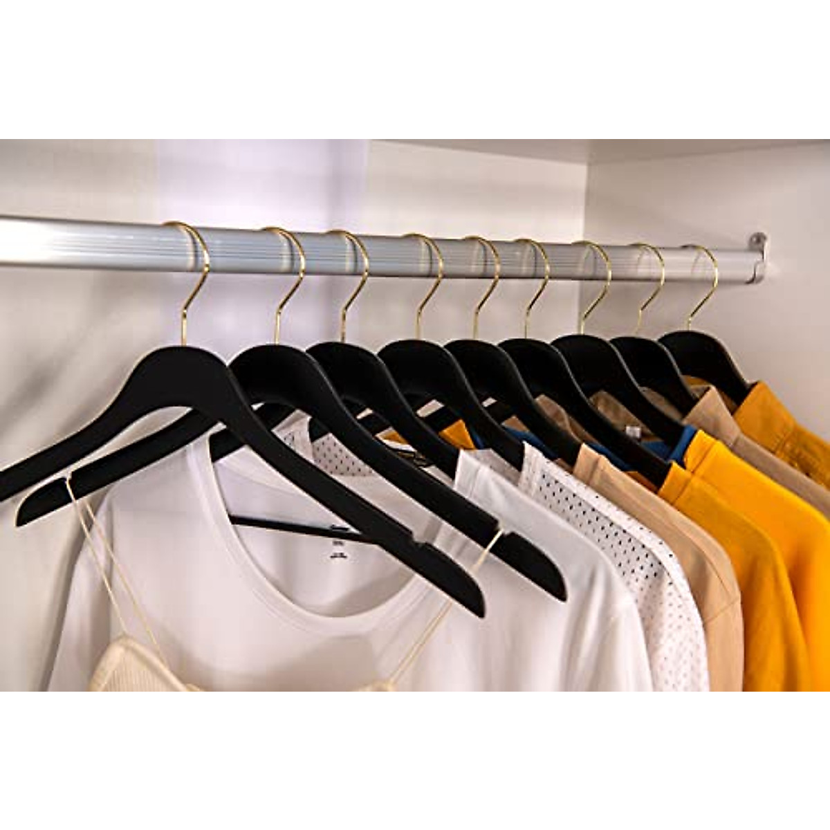 20 Luxury 16.5" Ultra Thin Space Saving Black Wooden Hangers, 360 Degree Swivel Hook, Best for Suit, Coat Hangers Shirts, Blouses, Pant, Dress Hangers Black with Gold Hook (Black, with Pant Bar, 20)