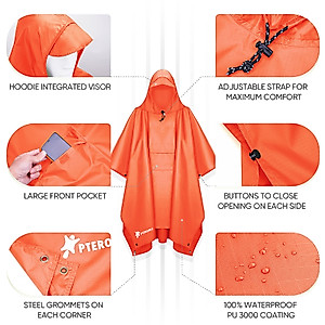 PTEROMY Hooded Rain Poncho for Adult with Pocket, Waterproof Lightweight Unisex Raincoat for Hiking Camping Emergency (Orange)