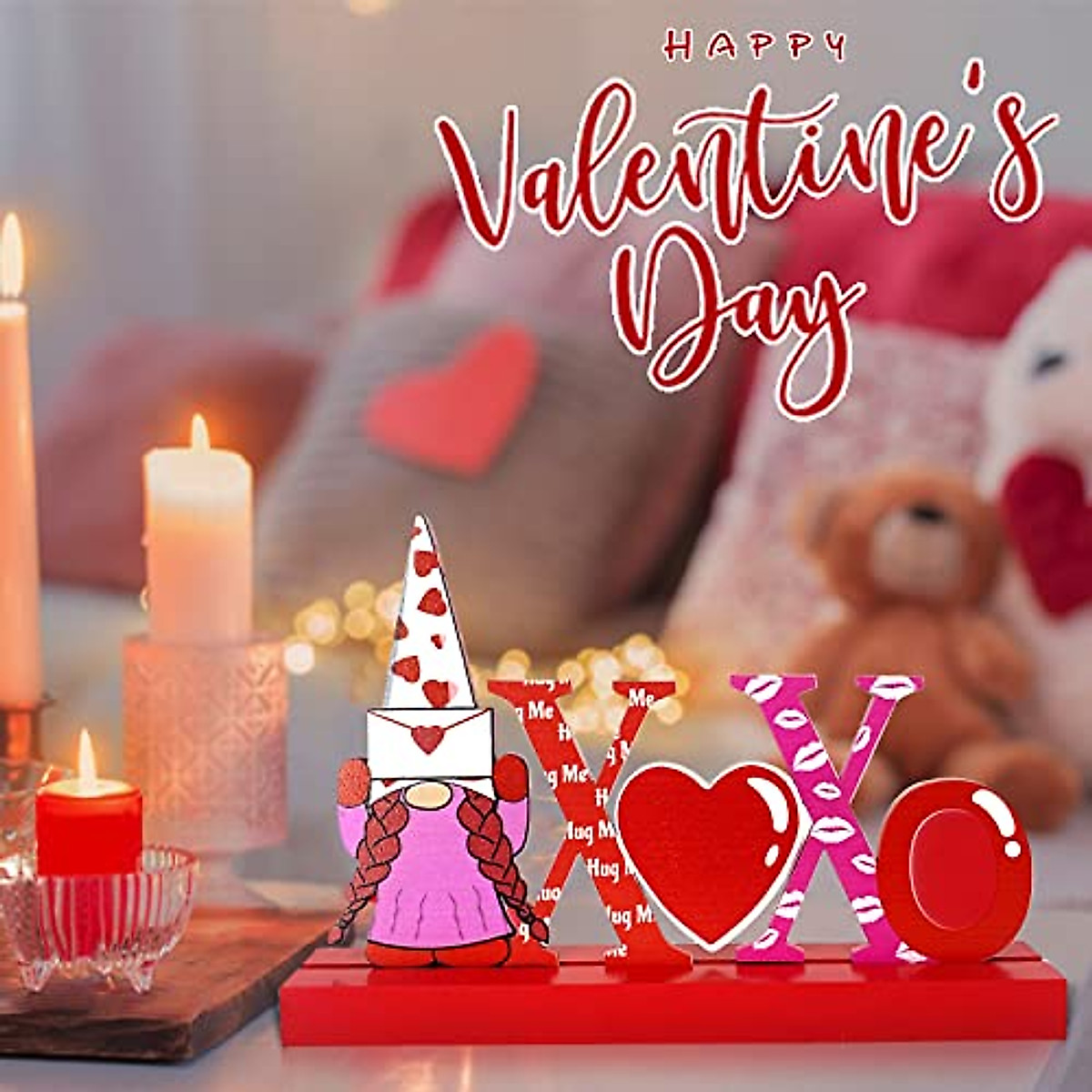 TURNMEON 3 Pcs Valentine's Day Table Decorations Sign Love Red Heart XoXo Gnome Happy Valentines Day Wooden Table Centerpieces Decoration for Valentine Home Office Decor Dinner Room Party Coffee