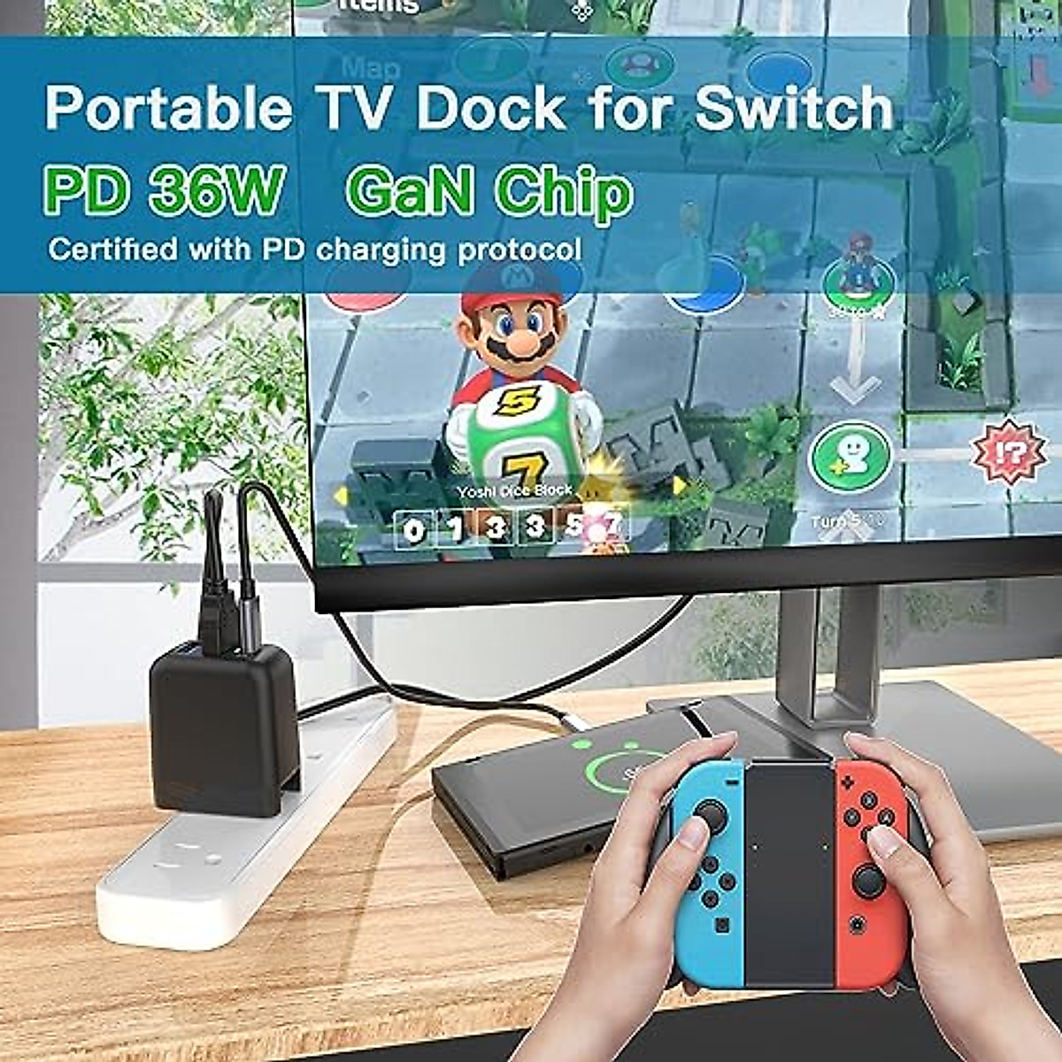 Switch Dock Charger for Nintendo Switch, Mirabox 36W Portable TV Docking Station for Nintendo Switch with 4K@60Hz HDMI/USB2.0/PD USB-C Fast Charging Ports, Full-Featured USB-C to USB-C Cable Included