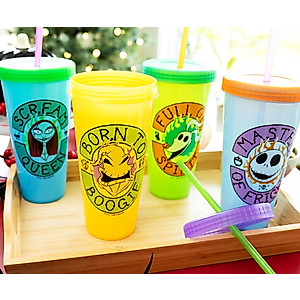 Disney The Nightmare Before Christmas Townsfolk Color-Changing Plastic Tumbler Cups, Set of 4 | Include Reusable Straw and Leak-Resistant Lid