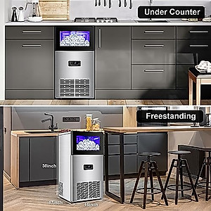Commercial Ice Maker Machine 130LBS/24H with 35LBS Storage Bin, Stainless Steel Undercounter/Freestanding Ice Cube Maker for Home Bar Outdoor, Automatic Operation, Include Scoop, Connection Hose