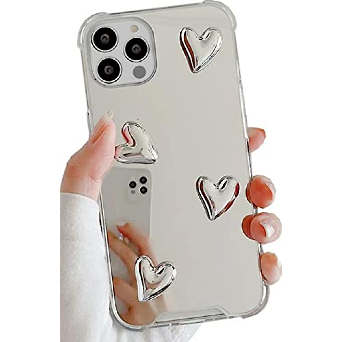 Shinymore iPhone 13 Pro Mirror Case Flexible Cute Heart Soft Silicone Clear Makeup Mirror Women Girls Shockproof Protect Cover Case for iPhone 13 Pro