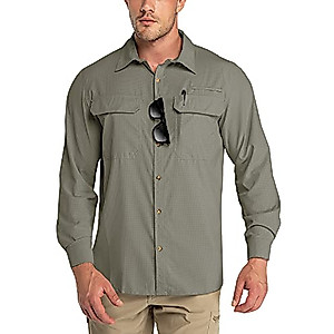 Outdoor Ventures Men's UPF 50+ UV Sun Protection Shirt, Long Sleeve Hiking Fishing Shirt Cooling Quick Dry for Safari Travel Green Gray