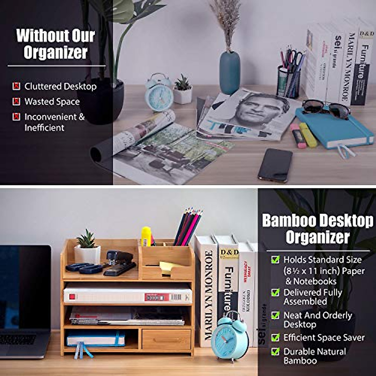 Bamboo Desktop Organizer | Home Office Bamboo Desk Drawer Organizer - 4 Tier Durable Wood Table Top Storage for Pencils, Notepads, Documents & Office Supplies