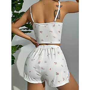 SHENHE Women's Causal Lace Trim Sleepwear Cami Top and Shorts Pajama Sets Floral White L