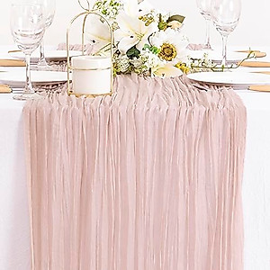 MLMC 10ft Dusty Pink Cheesecloth Table Runner 35x120 Inches Rustic Wrinkled Gauze Boho Table Runner for Bridal Shower Birthday Reception Decor