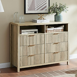 OAKHAM HOME Oxford Fluted 6 Drawer Dresser for Bedroom, Wide Modern Wooden Chest of Drawers with 2 Shelves, TV Stand of Drawers, Wood Drawer Organizer, 46.5" W x 37" H x 15.4" D (Sunwashed Ash Oak)
