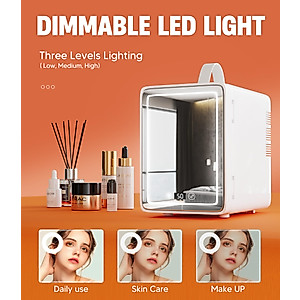 KAYBAYJAY Skincare Fridge With Dimmable LED Light Mirror, 4L Makeup Mini Fridge for Bedroom, Car, Office & Dorm, Cooler & Warmer, Portable Mini Fridge for Cosmetics, Skin Care and Food (White)