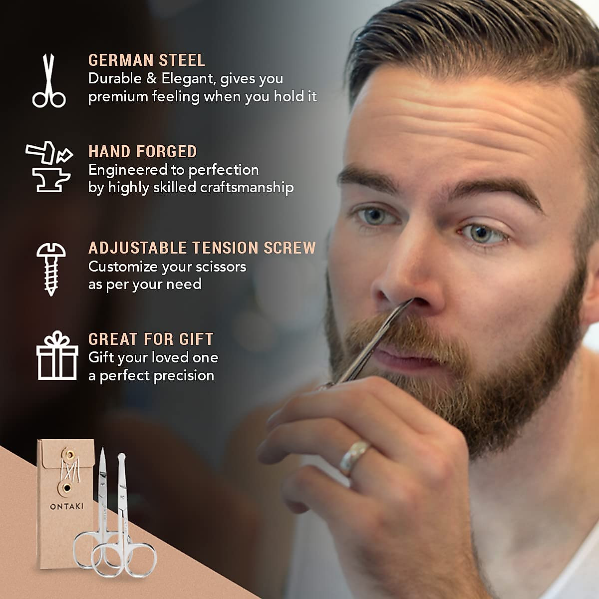 ONTAKI Curved and Rounded Facial Hair Scissors for Men - Mustache, Nose Hair & Beard Trimming Scissors, Safety Use for Eyebrows, Eyelashes, and Ear Hair - Professional Stainless Steel (Silver)