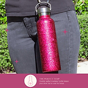 Paris Hilton Diamond Bling Water Bottle with Lid and Removable Carrying Strap, Stainless Steel Vacuum Insulated, Crackle Design, 25-Ounce, Pink Crackle