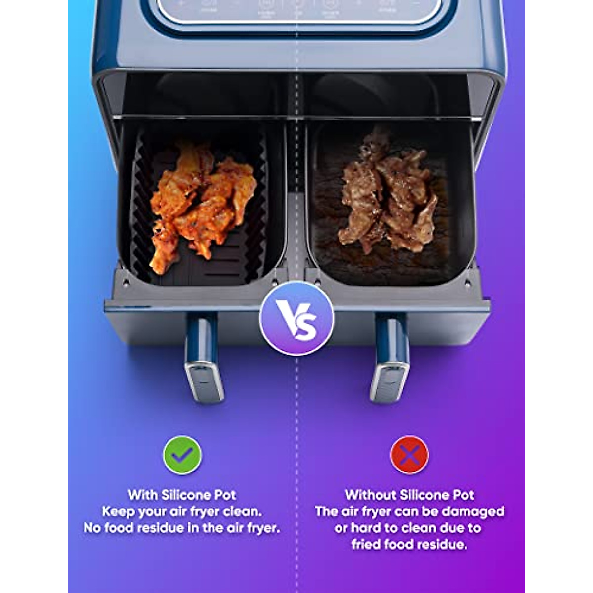 2PCS Air Fryer Silicone Pots for Ninja Foodi Dual DZ201, Extra Thick Rectangle Air Fryer Liners for Double Basket Air Fryers Up to 8QT, Reusable Heat-Resistant Silicone Containers for Kitchen