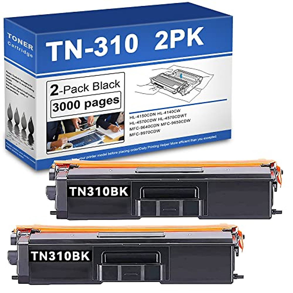 (2 Pack) TN310 Compatible TN-310BK Black Toner Cartridge Replacement for Brother HL-4150CDN HL-4140CW HL-4570CDW HL-4570CDWT Printer Toner.