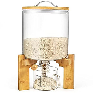 Csyidio Flour and Cereal Container, Rice Dispenser 5L, Wooden Stand and Measuring Cup, Airtight Lid Cereal Dry Food Storge Container for Kitchen Pantry Organization