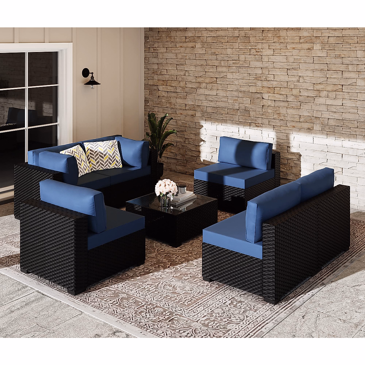 SUNLEI 7pcs Patio Conversation Sets Outdoor Furniture Sets, High Back All-Weather Rattan Sectional Sofa with Tea Table&Washable Couch Cushions(Black Rattan)（Blue）