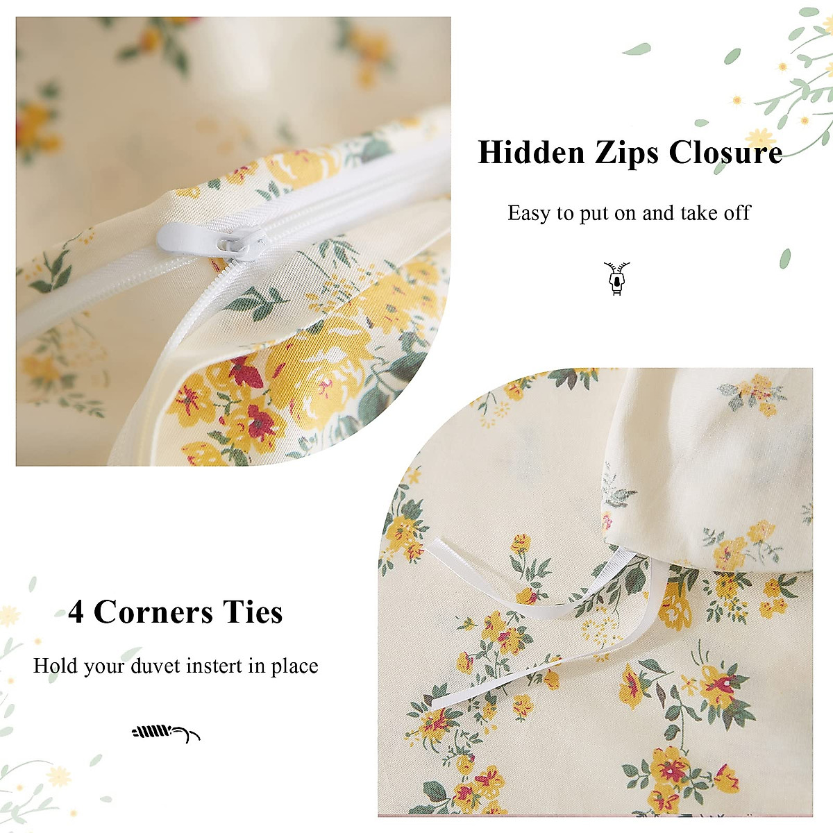 HANDONTIME Light Yellow Duvet Cover Yellow Rose Floral Queen Duvet Cover Set Botanical Floral Cotton Duvet Covers Green Leaves Lovely Bedding Set Comforter Cover with Zipper Ties, Spring Home Decor