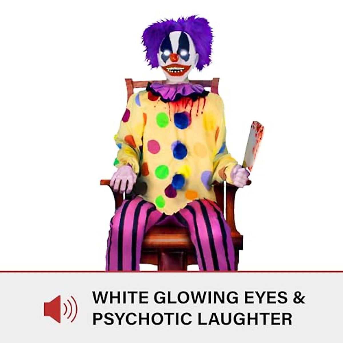 Haunted Hill Farm Motion-Activated Thrashing Clown with a Meat Cleaver by Tekky, Sitting Scare Prop Animatronic for Indoor or Covered Outdoor Creepy Halloween Decoration, Plug-in or Battery Operated
