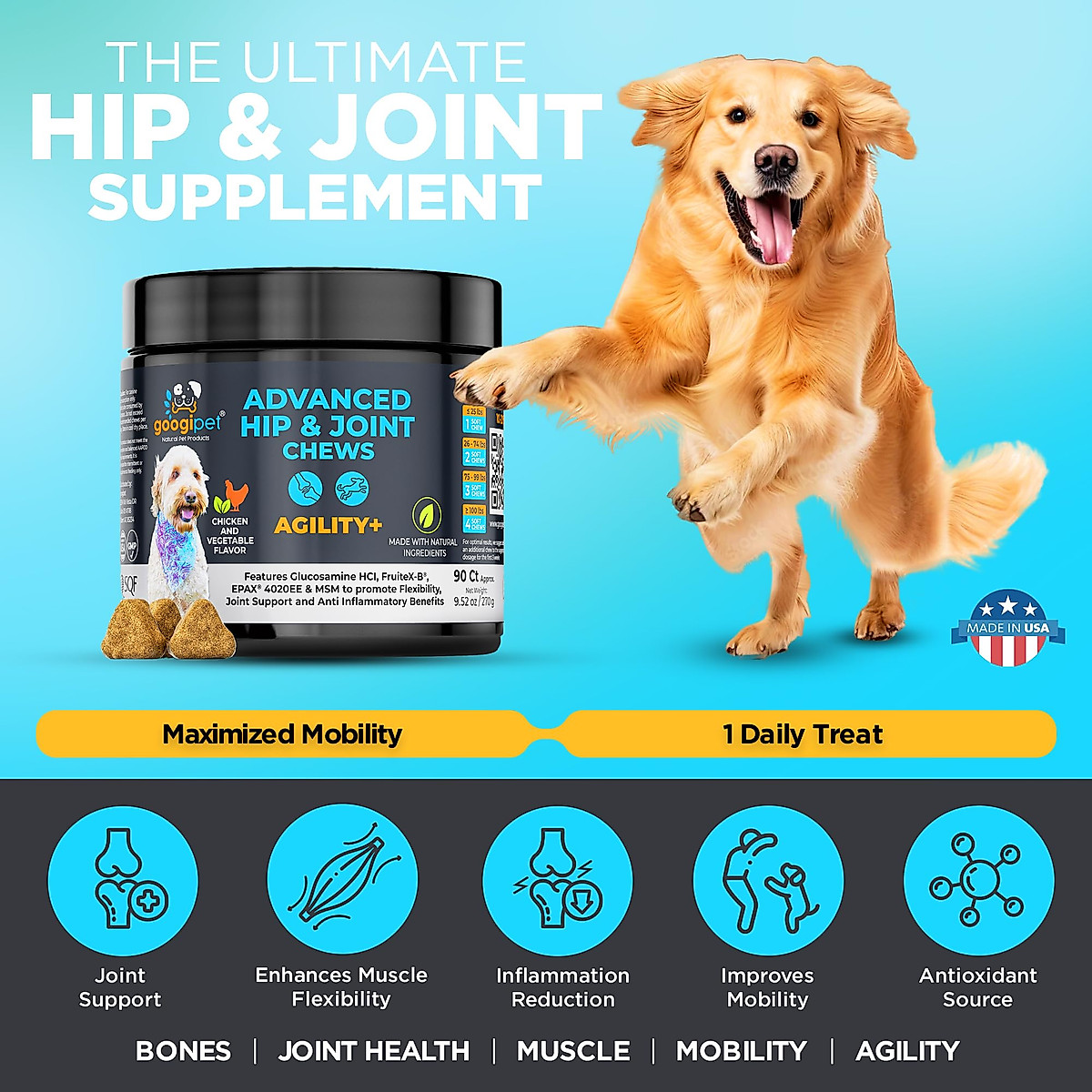 Googipet Hip and Joint Supplement for Dogs - Glucosamine for Dogs – Soft Chews w/Green Lipped Mussels for Dogs, Turmeric for Dog Arthritis & Mobility for All Ages & Breeds