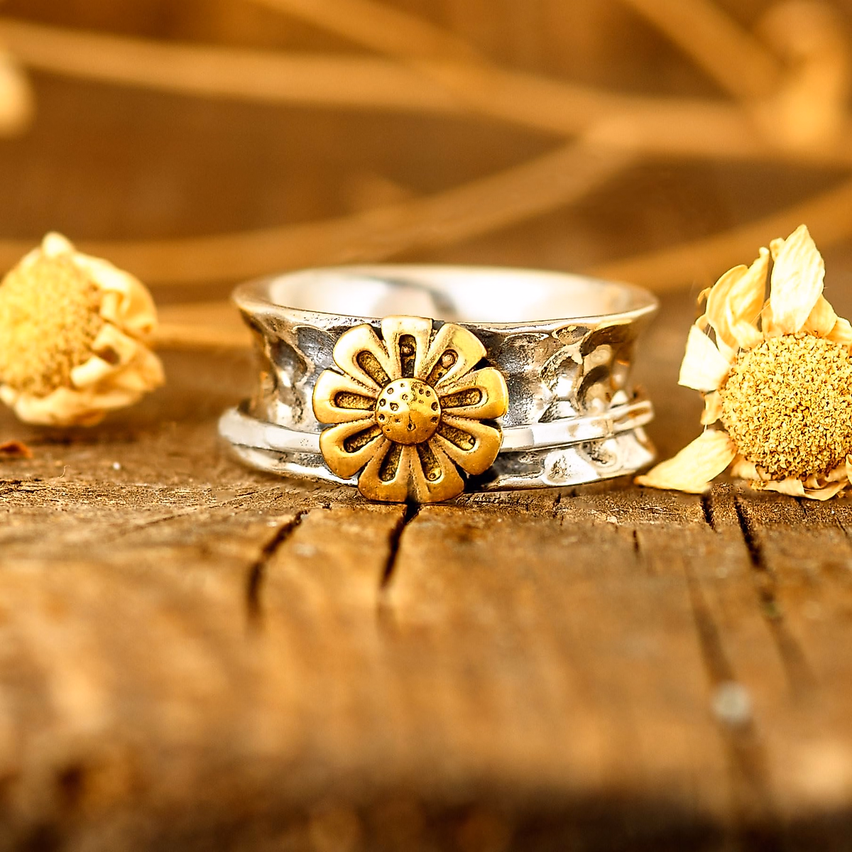 Boho-Magic Sunflower Ring, Spinner Rings for Women 925 Sterling Silver and Brass Sunflower | Nature Wide Band Fidget Meditation Anxiety jewelry