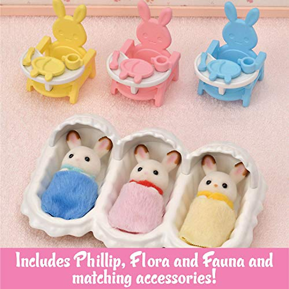 Calico Critters Triplets Care Set - Dollhouse Playset with 3 Hopscotch Rabbit Figures & Accessories Included
