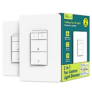 TREATLIFE Smart Ceiling Fan Control and Dimmer Light Switch 2PACK, Neutral Wire Needed, 2.4Ghz Single Pole Wi-Fi Fan Light Switch Combo, Works with Alexa, Google Home and SmartThings, Remote Control