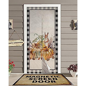 OComster Thanksgiving Magnetic Screen Door, Pumpkin Squirrel Pinecone Leaves Fall Watercolor Hands Free Screen Mesh Size 38'' x 83'', Reinforce Heavy Duty Mesh Screen Doors for Patio/Front Door