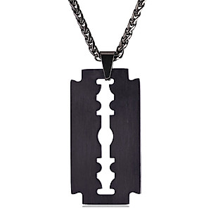 U7 Punk Jewelry Edgy Necklace with Black Wheat Rope Chain Ion Plating Black Men Razor Blade Pendant