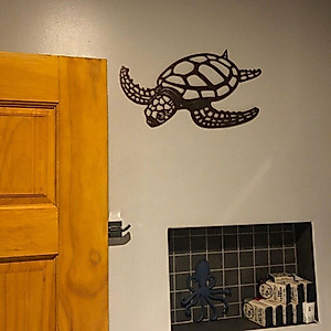 Silver Metal Turtle Silhouette Wall Art Decor, Ocean Sea Turtle Wall Hanging Decoration, Beach Theme Outdoor Wall Sculpture for Home,Garden,Living Room,Fence,Porch, Pool (L)
