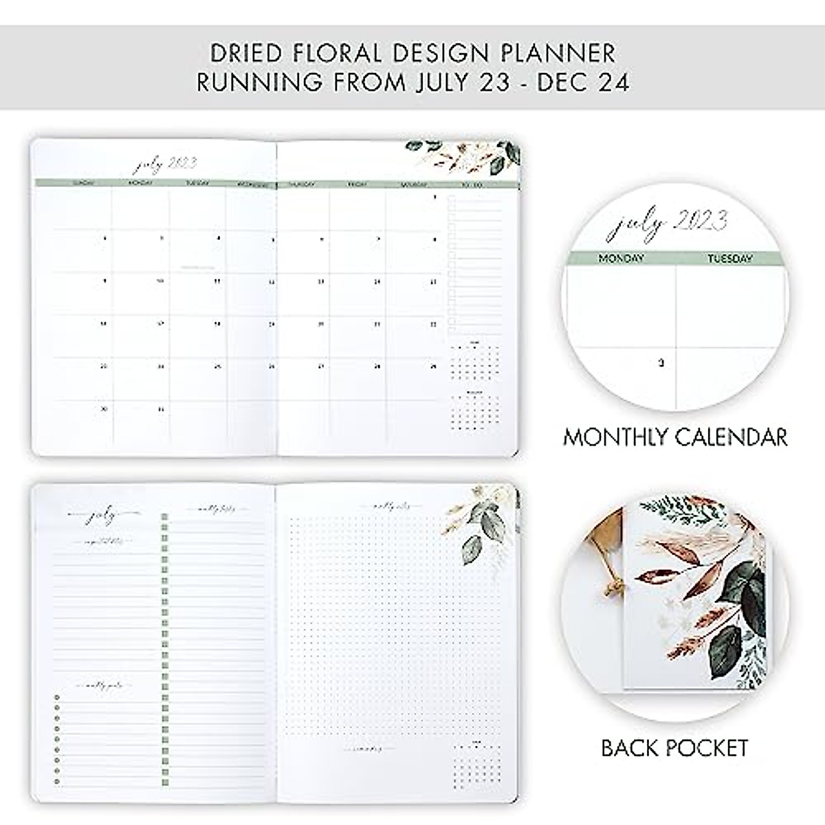 Simplified 2023-2024 Monthly Planner and Calendar Book - Beautiful Modern Dried Floral To Do List Notebook For Women or Men - Easily Organizes Your Tasks to Boost Productivity - Runs Until December 2024