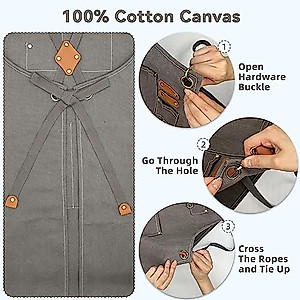 Bluegogo Chef Aprons for Men Women, Cotton Canvas Cross Back Adjustable Apron with Large Pockets for Kitchen Garden Salon (Grey)