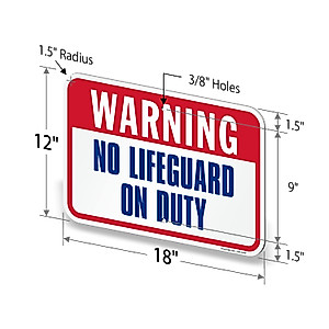 SmartSign 12 x 18 inch “Warning - No Lifeguard On Duty” Metal Sign with Symbols, 63 mil Laminated Rustproof Aluminum, Blue/Red on White