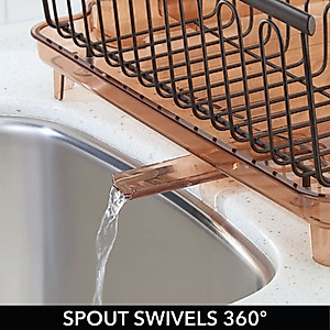 mDesign Large Modern Kitchen Countertop, Sink Dish Drying Rack - Removable Cutlery Tray and Drainboard with Adjustable Swivel Spout - 3 Pieces, Bronze/Brown Cutlery Caddy and Drainboard