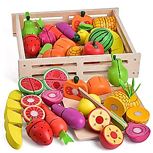 FUN LITTLE TOYS 35PCS Wooden Play Food for Kids Kitchen, Pretend Cutting Food Toys with Wooden Tray, Dishes and Knife for Kids, Pretend Play Food